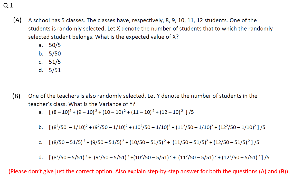 Solved (A) A school has 5 classes. The classes have, | Chegg.com