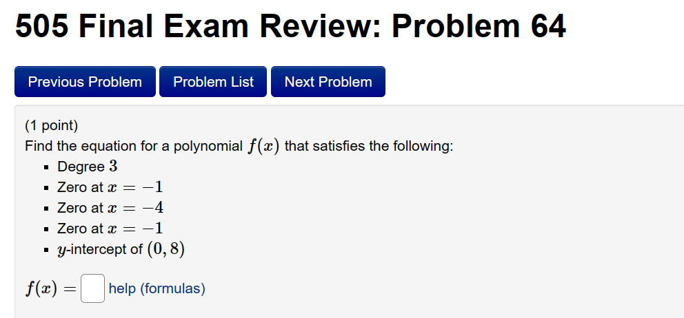 Solved 505 Final Exam Review: Problem 64 (1 point) Find the | Chegg.com