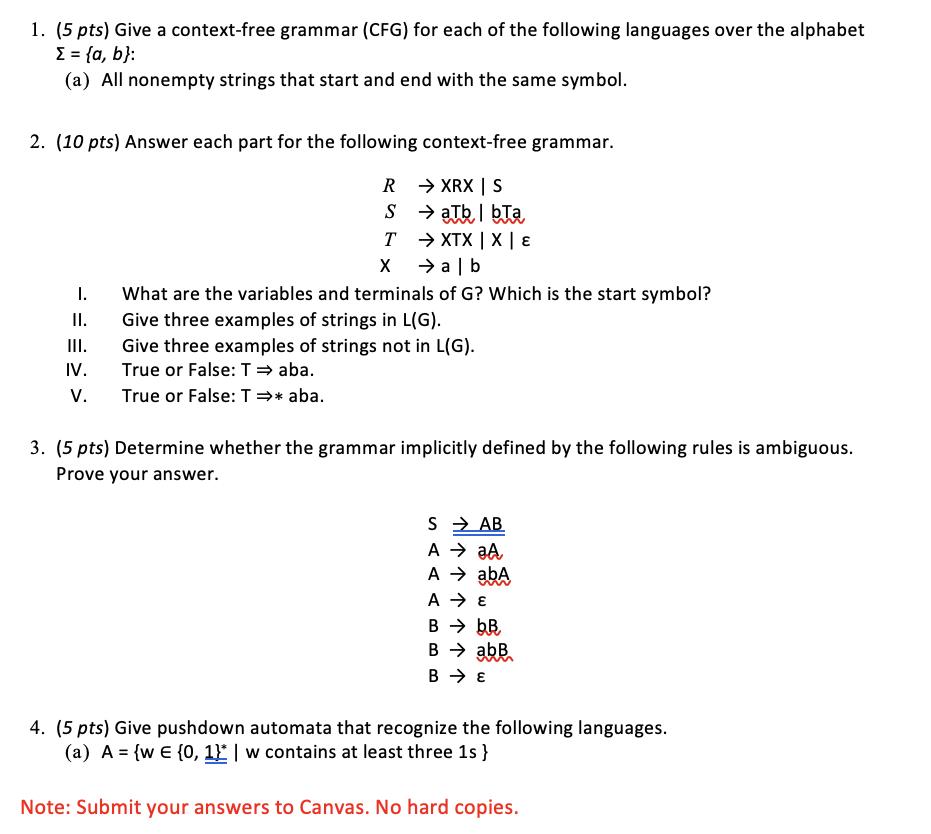 Solved 1 5 Pts Give A Context free Grammar CFG For Each Chegg