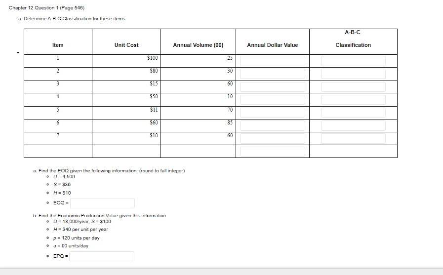 Solved a. Determine A-B-C Classification for these items a. | Chegg.com