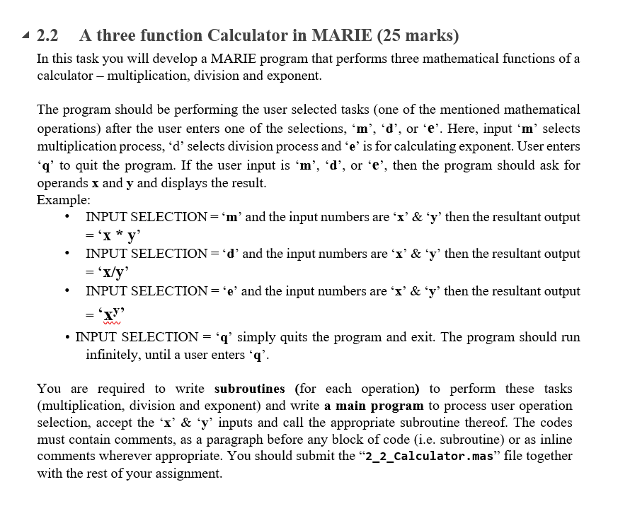2.2 A three function Calculator in MARIE (25 marks) | Chegg.com