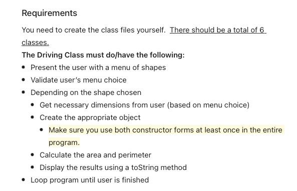 Solved Requirements You need to create the class files | Chegg.com