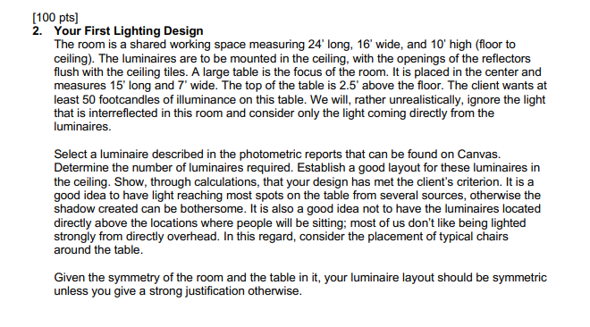 Solved [100 pts) 2. Your First Lighting Design The room is a | Chegg.com