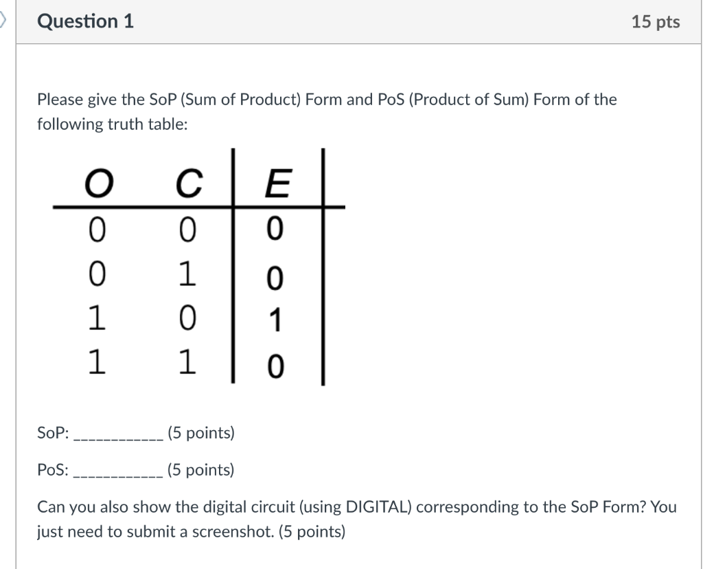 Solved > Question 1 15 pts Please give the SOP (Sum of | Chegg.com