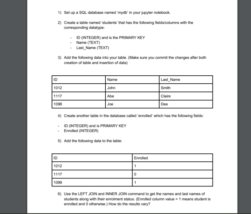 Solved 1) Set up a SQL database named 'mydb' in your jupyter | Chegg.com