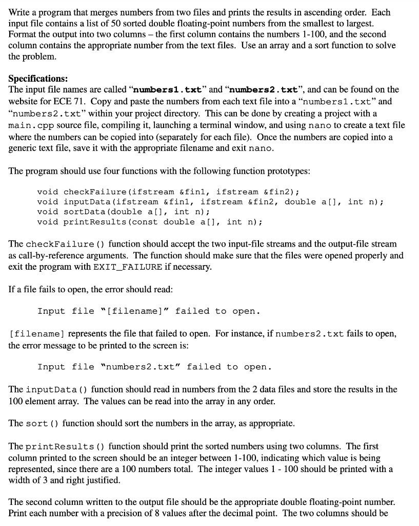 Solved Write a program that merges numbers from two files | Chegg.com