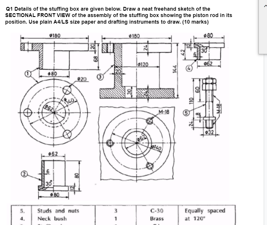 Solved Q1 Details of the stuffing box are given below. Draw | Chegg.com
