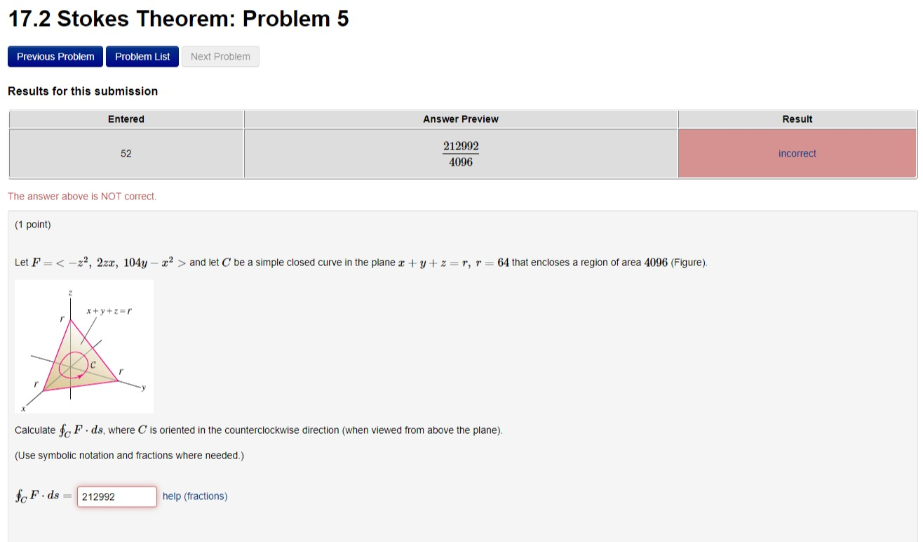 Solved 17.2 Stokes Theorem: Problem 5 Previous Problem | Chegg.com