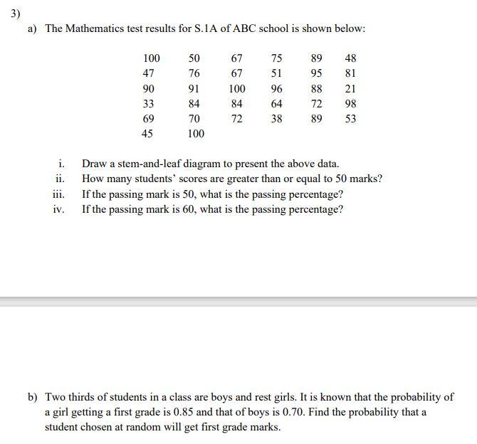 Solved 3) a) The Mathematics test results for S.1A of ABC | Chegg.com
