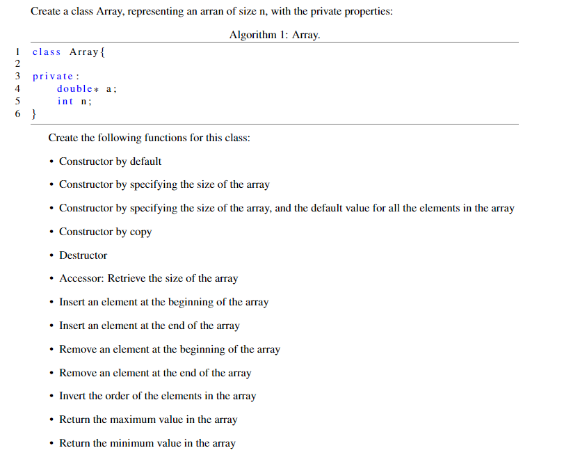 Solved Create a class Array, representing an arran of size | Chegg.com