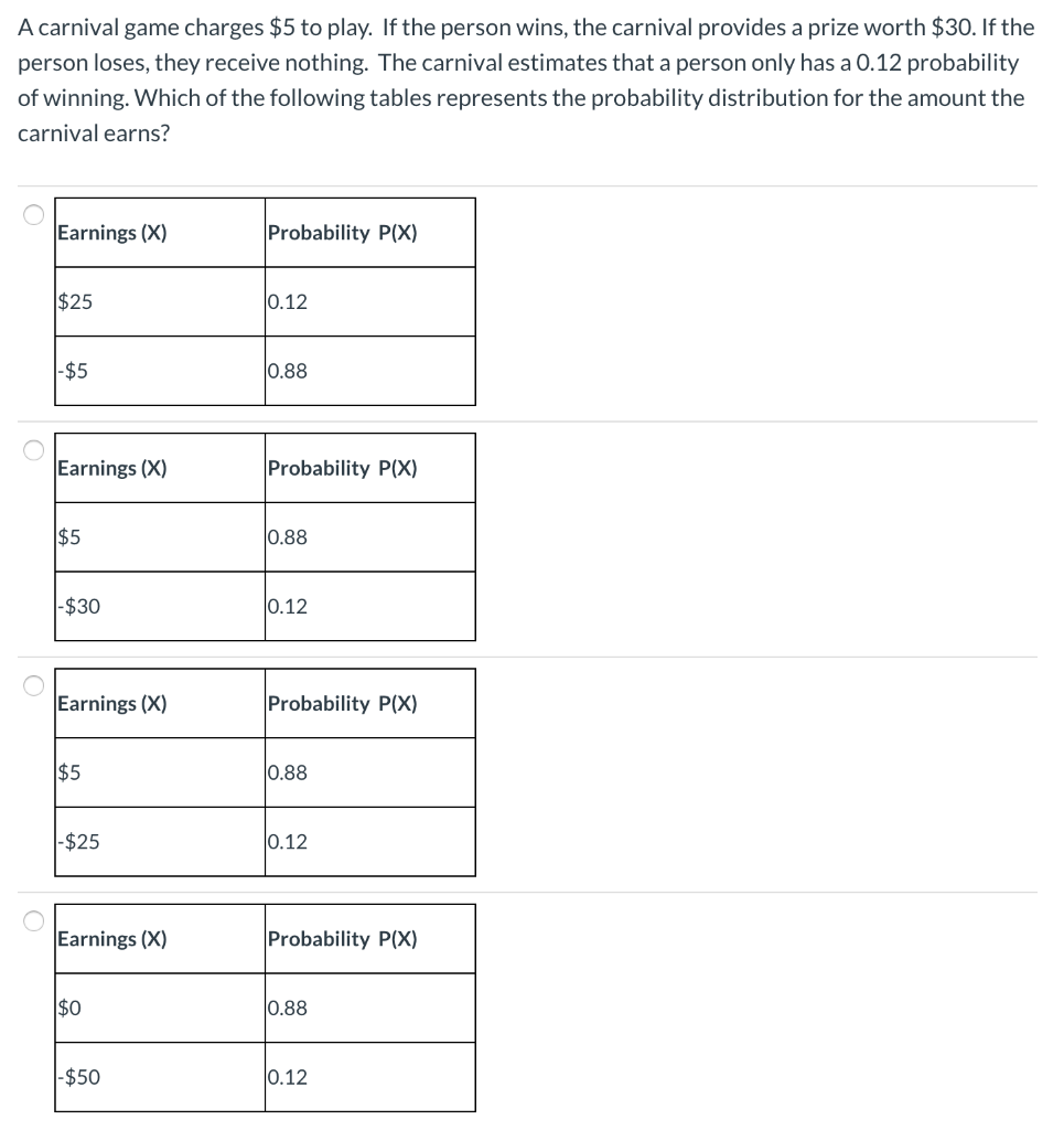 Solved A carnival game charges $5 to play. If the person | Chegg.com