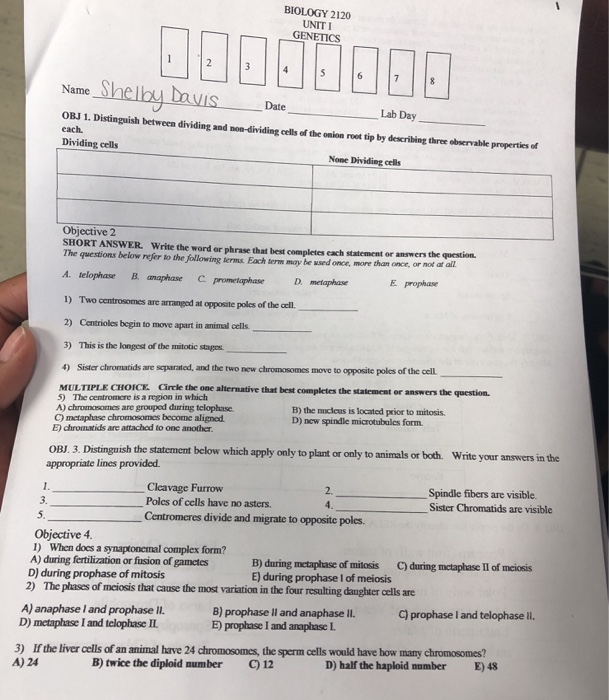 Solved BIOLOGY 2120 UNIT GENETICS Name Date Lab Day OBJ 1. | Chegg.com
