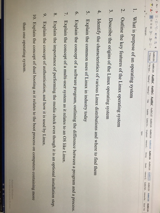 Solved Paragraph Styles 1. What is purpose of an operating | Chegg.com