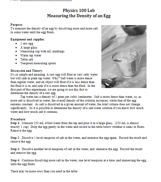 Solved Physics 100 Lab Measuring the Density of an Egg | Chegg.com