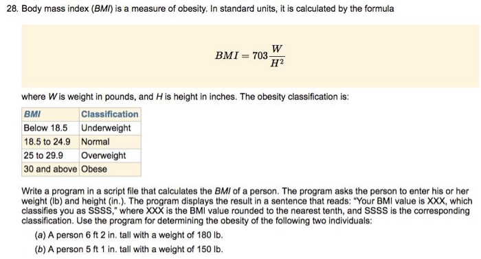 Solved 28. Body mass index (BMI) is a measure of obesity. In | Chegg.com