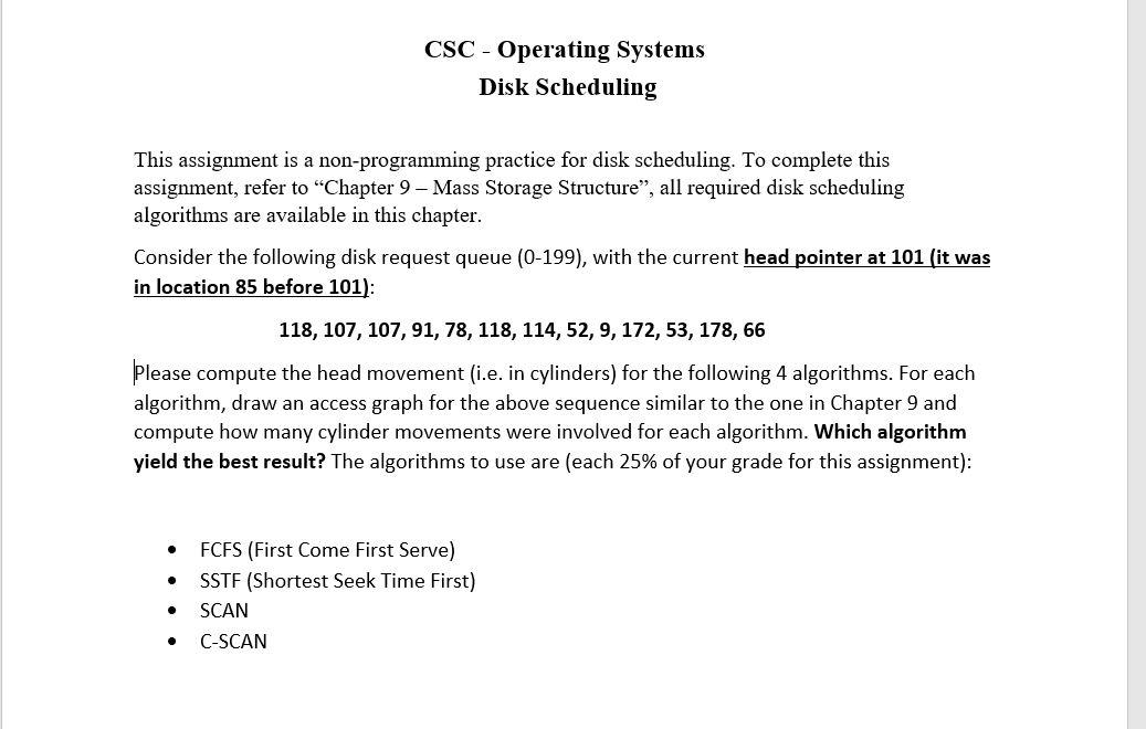 Solved CSC - Operating Systems Disk Scheduling This | Chegg.com
