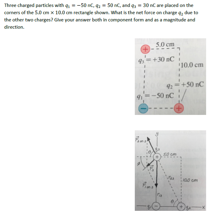 Solved Three charged particles with q1 = -50 nC, q2 = 50 nC, | Chegg.com