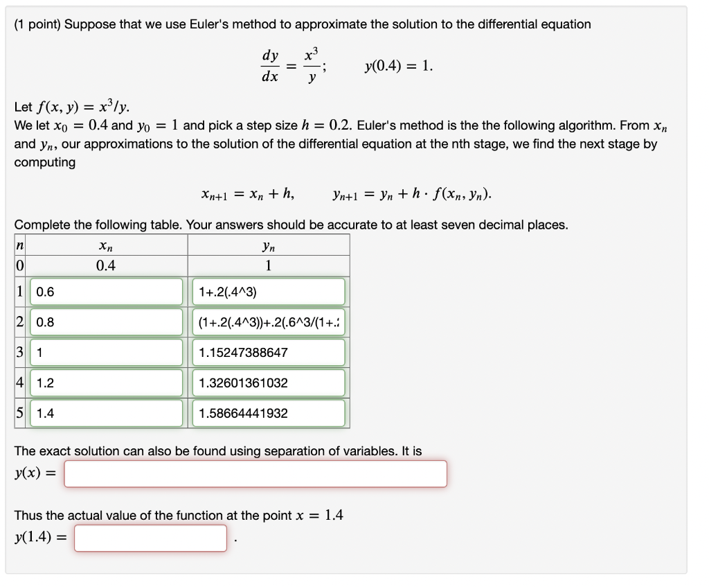 Solved (1 point) Suppose that we use Euler's method to | Chegg.com