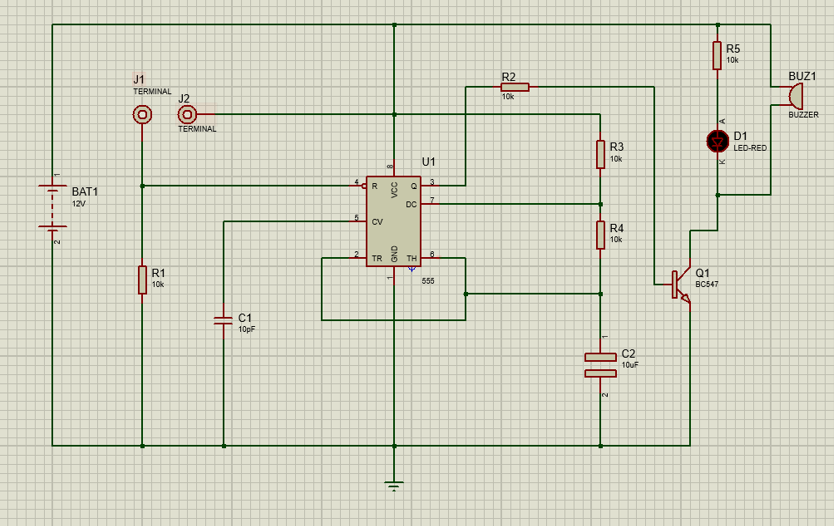 Solved +---+² BAT1 12V J1 TERMINAL J2 O O R1 10k TERMINAL C1 | Chegg.com