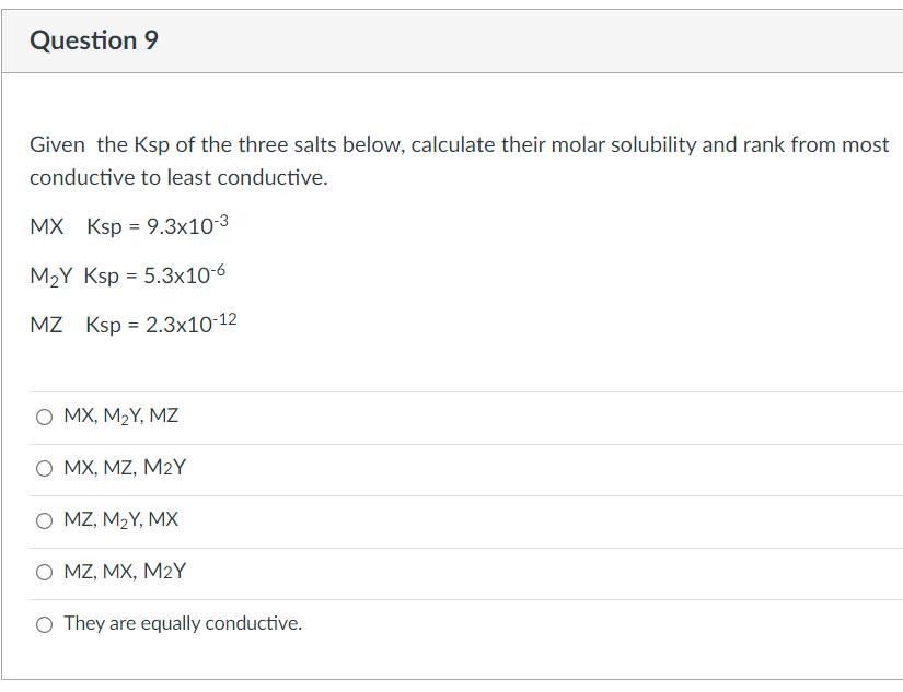Solved Question 9 Given the Ksp of the three salts below, | Chegg.com
