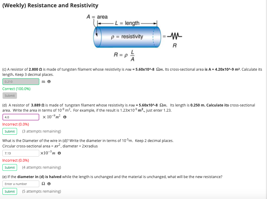 Solved (Weekly) Resistance and Resistivity A = area L = | Chegg.com