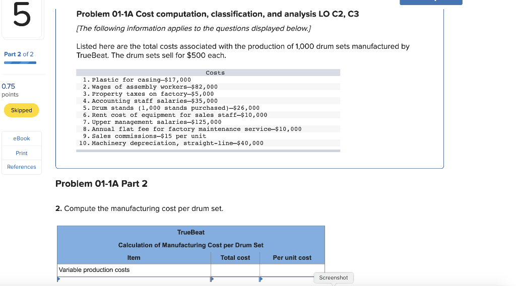 Solved Problem 01-1A Cost computation, classification, and | Chegg.com