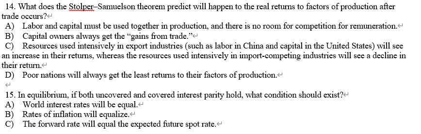 Solved 14. What does the Stolper-Samuelson theorem predict | Chegg.com