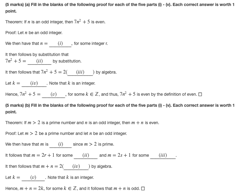 Solved (5 marks) (a) Fill in the blanks of the following | Chegg.com