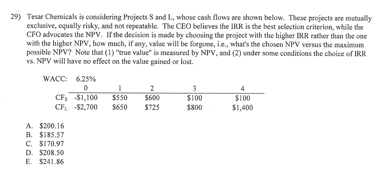 Solved Can Someone Show How To Find Chosen Npv Vs The Max