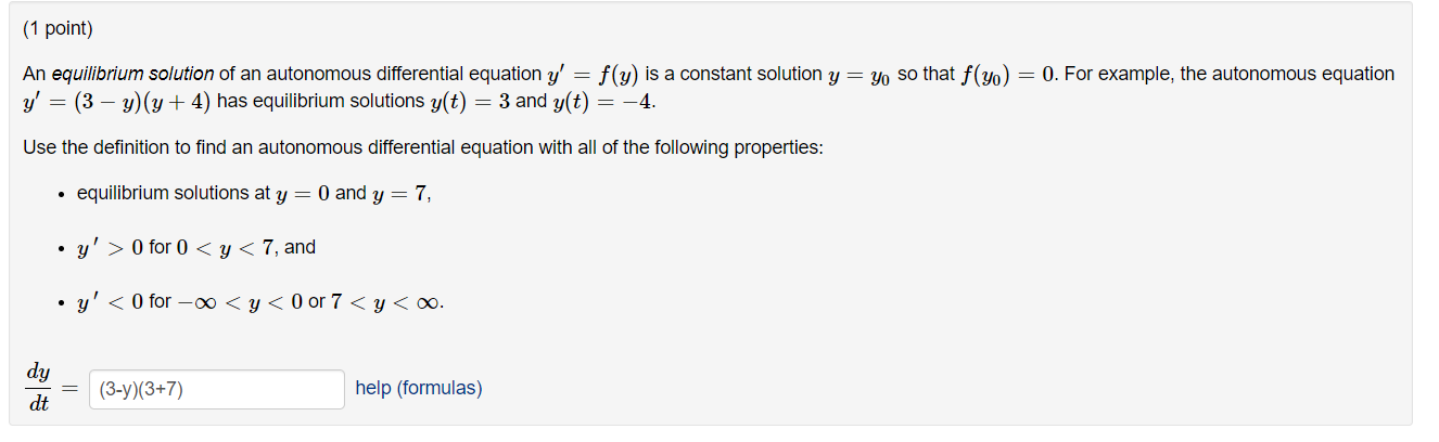 Solved (1 point) y' An equilibrium solution of an autonomous | Chegg.com