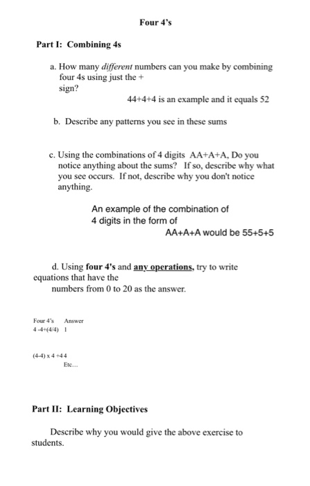 Solved Four 4's Part I: Combining 4s a. How many different | Chegg.com