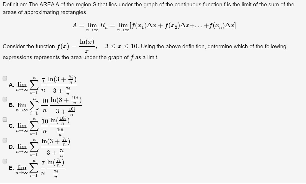 Solved Definition: The AREA A of the region S that lies | Chegg.com