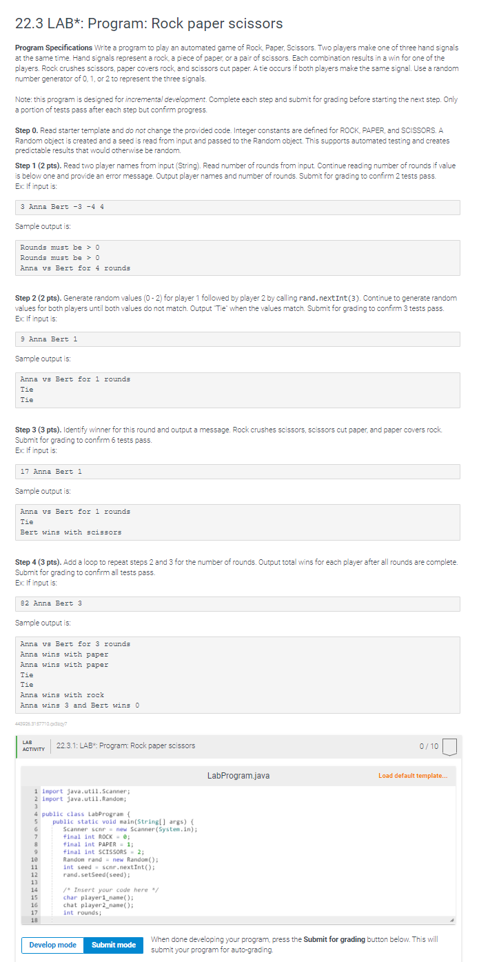 Solved 22.3 LAB*: Program: Rock paper scissors Program | Chegg.com