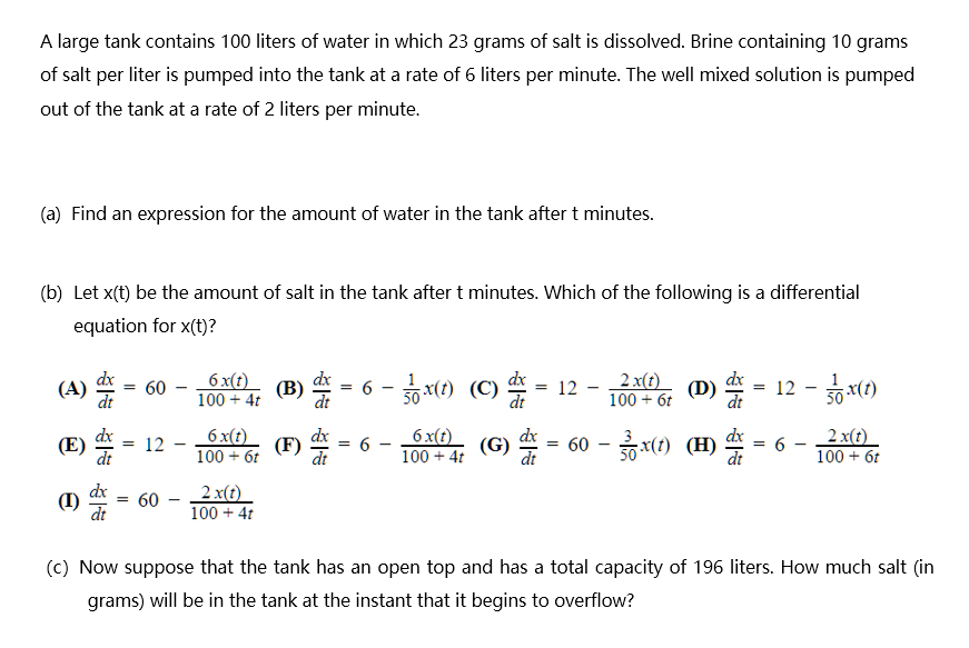 Solved A large tank contains 100 liters of water in which 23 | Chegg.com