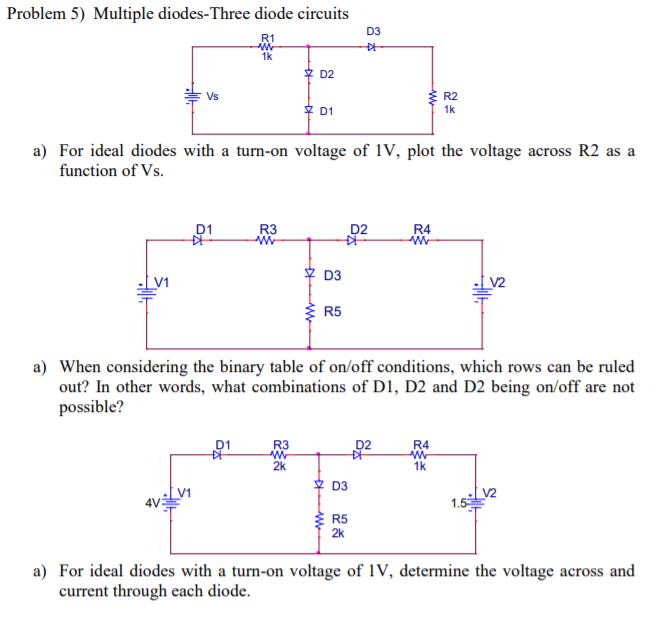 Solved Problem 5) Multiple diodes-Three diode circuits D2 vs | Chegg.com