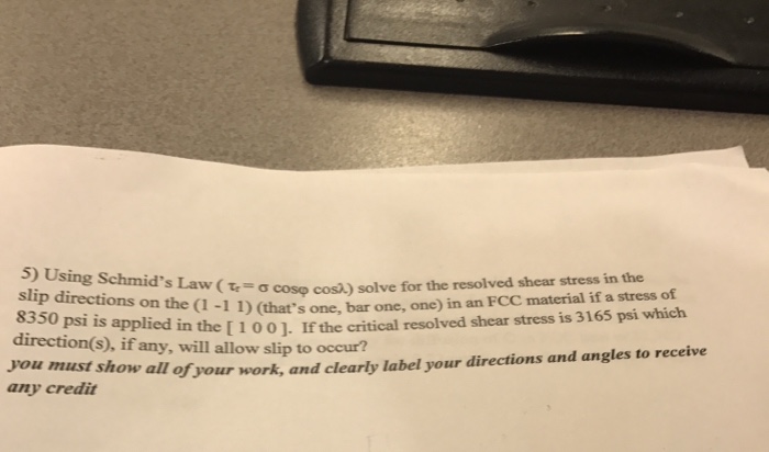 Solved 5) Using Schmid's Law ( σ coso cosa) solve for the | Chegg.com