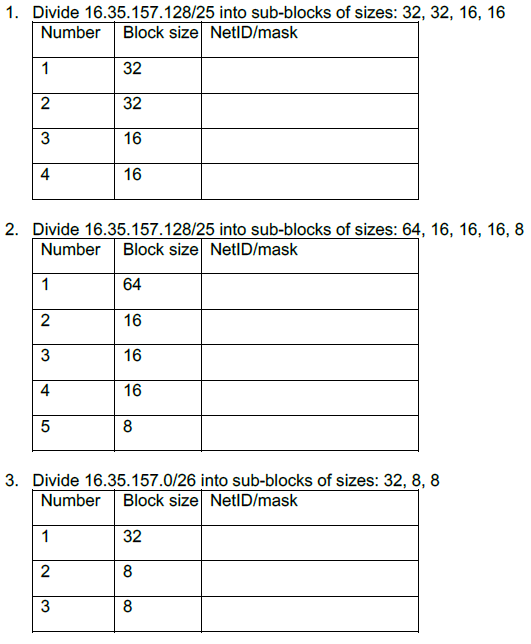 Solved 1. Divide 16.35.157.128/25 into sub-blocks of sizes: | Chegg.com