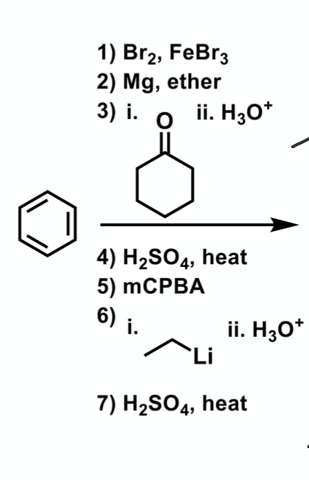 Solved 1) Br2, FeBr3 2) Mg, ether 3) i. ii. H30+ 4) H2SO4, | Chegg.com