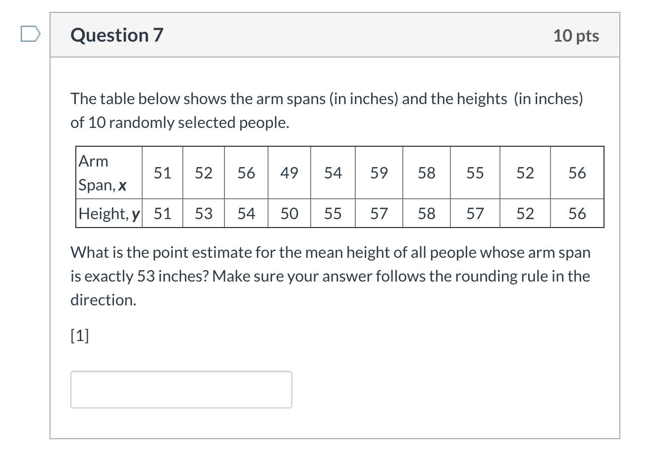 Solved Question 7 10 pts The table below shows the arm spans | Chegg.com
