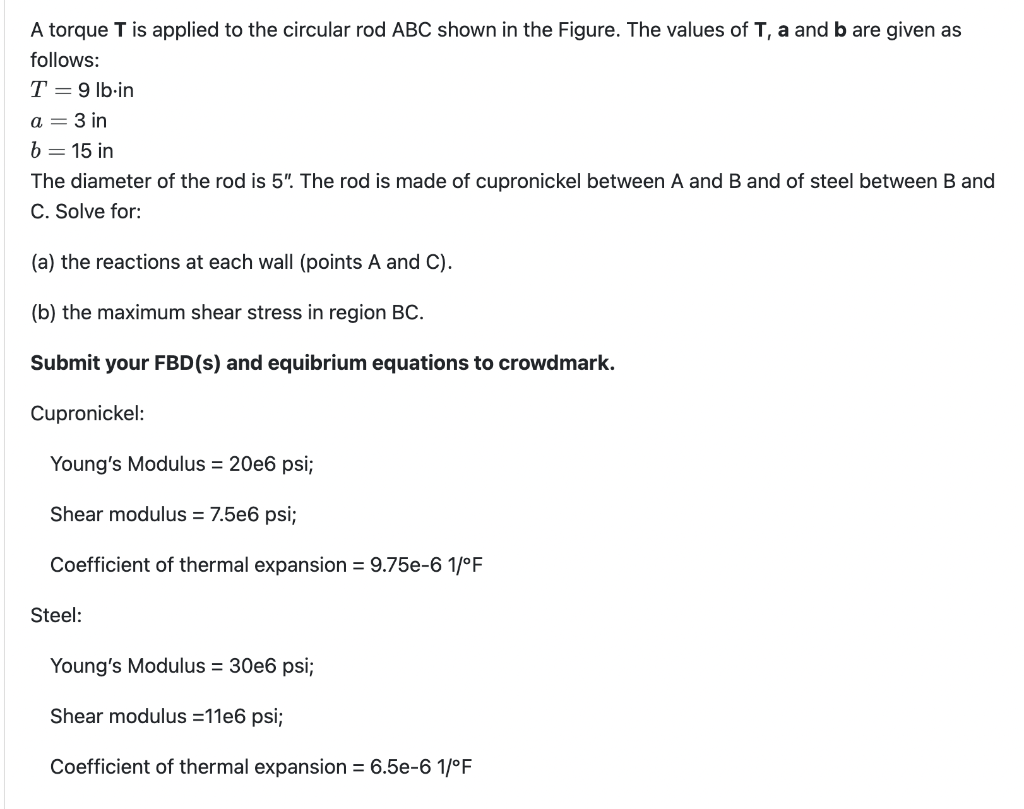 Solved A torque T is applied to the circular rod ABC shown | Chegg.com
