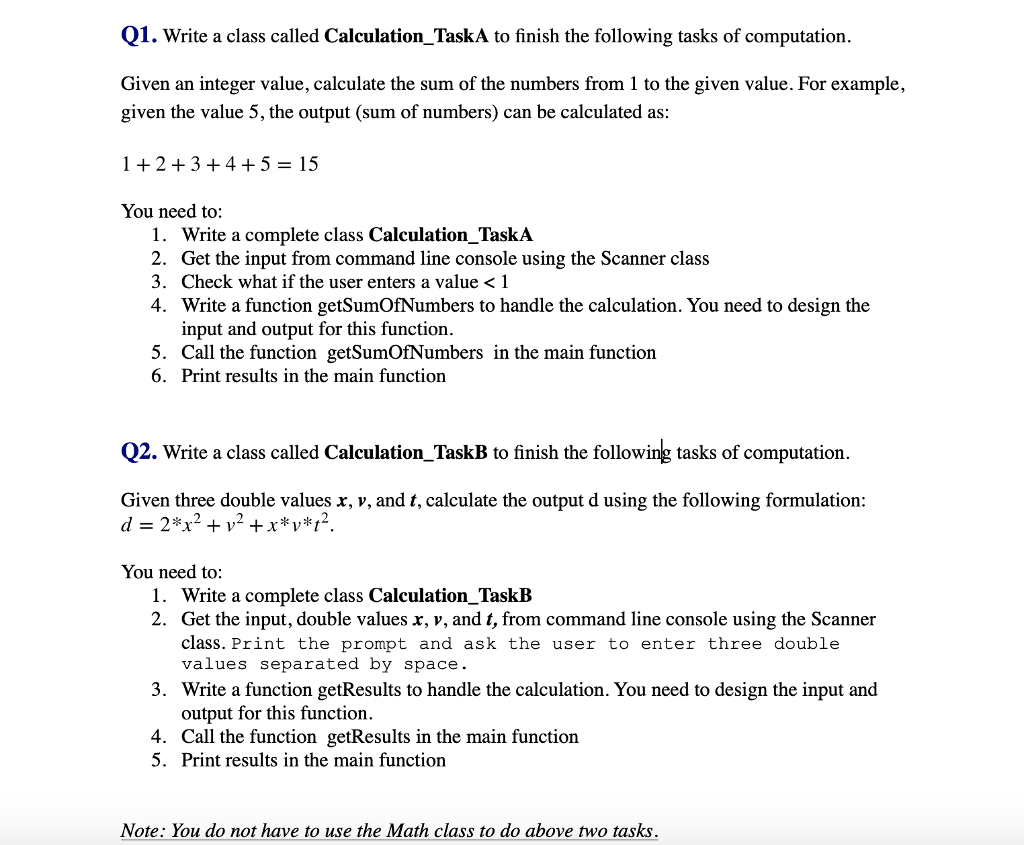 Solved QI. Write a class called Calculation, TaskA to finish | Chegg.com