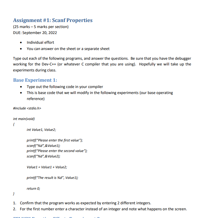 Solved Assignment \#1: Scanf Properties (25 marks - 5 marks | Chegg.com