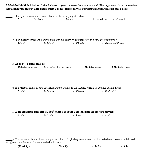 Solved I. Modified Multiple Choices: Write the letter of | Chegg.com
