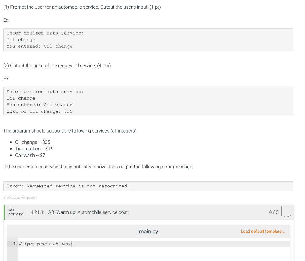 Solved (1) Prompt the user for an automobile service. Output | Chegg.com