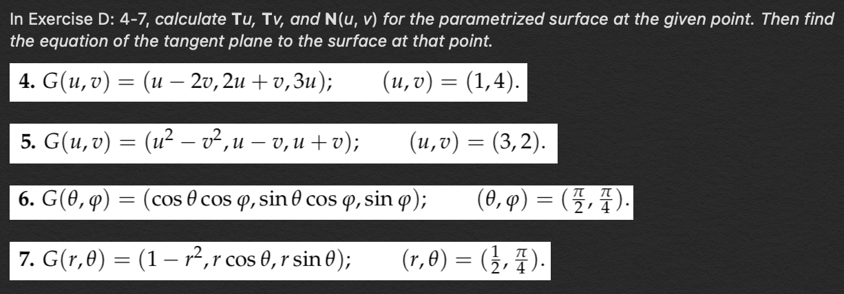 Solved In Exercise D: 4-7, calculate Tu, TV, and N(u, v) for | Chegg.com