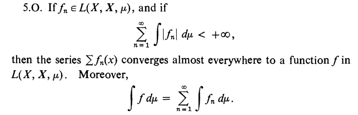 Solved 5.O. If fn∈L(X,X,μ), and if ∑n=1∞∫∣fn∣dμ