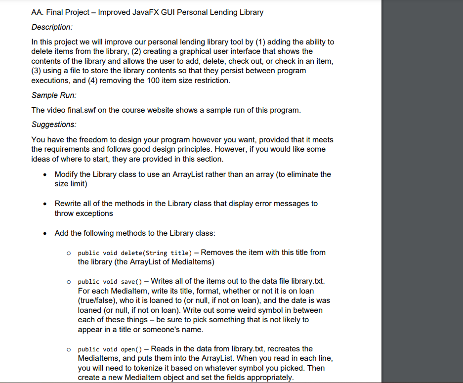 Solved AA. Final Project – Improved JavaFX GUI Personal | Chegg.com
