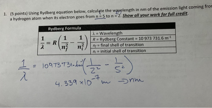Solved (5 points) Using Rydberg equation below, calculąte | Chegg.com