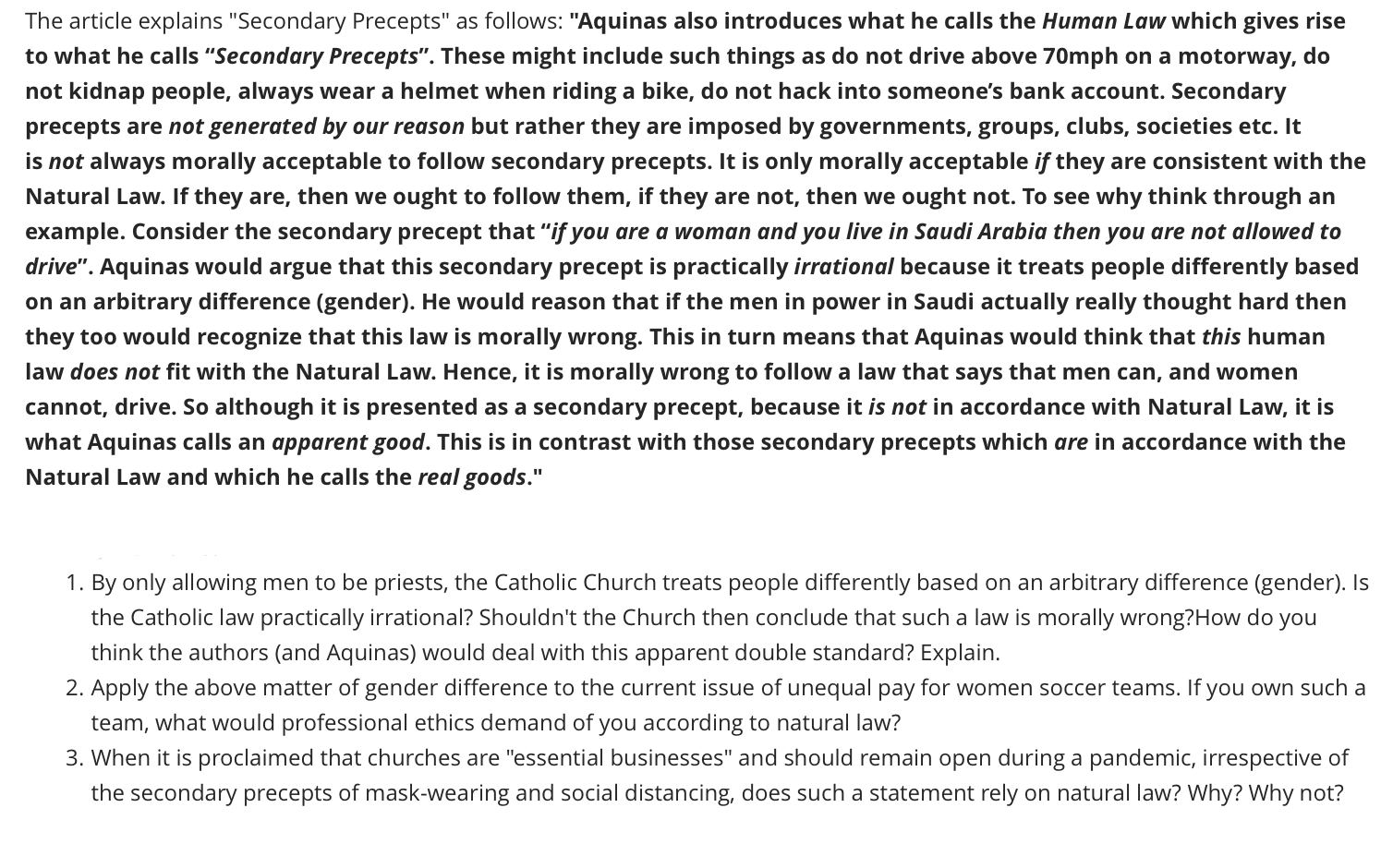 The article explains "Secondary Precepts" as follows: | Chegg.com