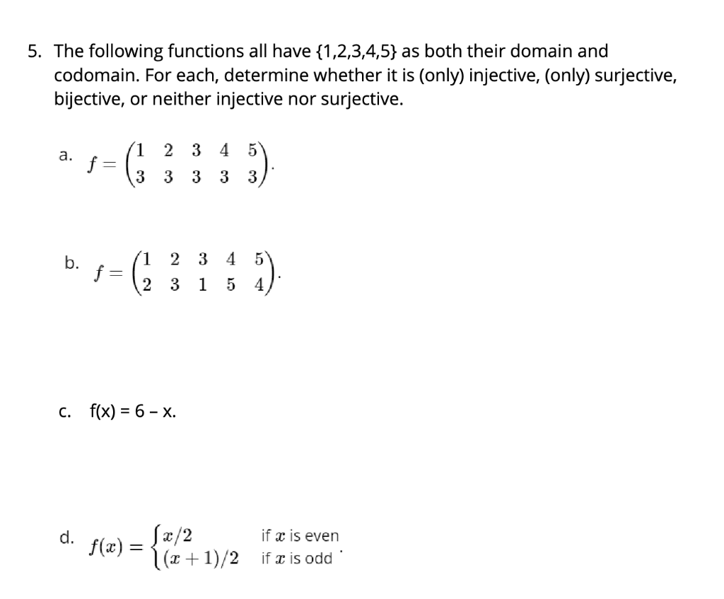 Solved 5. The following functions all have {1,2,3,4,5} as | Chegg.com